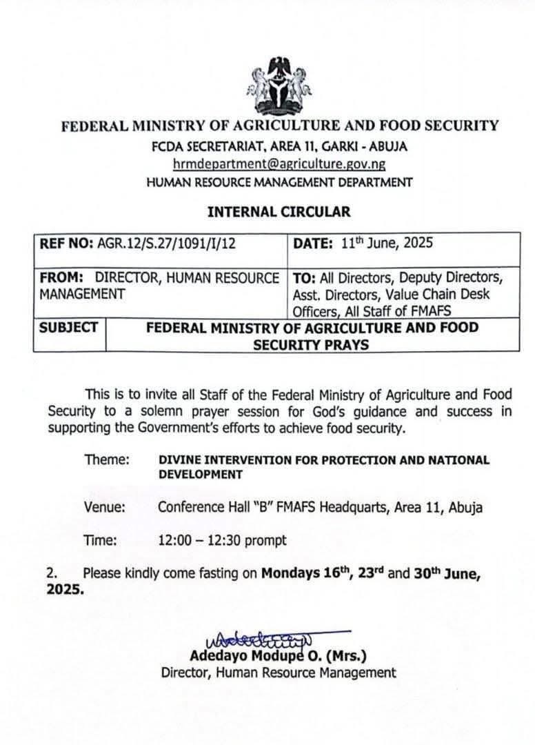 Federal Ministry of Agriculture Declares Prayer and Fasting for Food ...